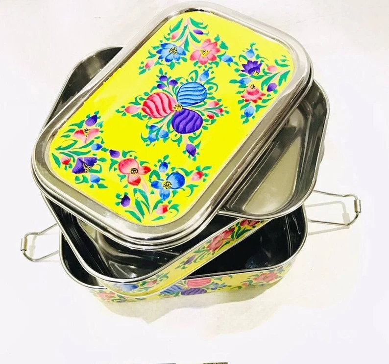 Hand-Painted Kashmiri Enamelware Bento Lunch Box - Baba Art & Crafts