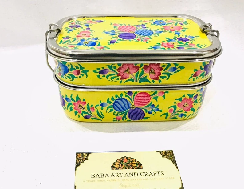 Hand-Painted Indian Enamelware Bento Lunch Box - Stainless Steel Tiffin Box