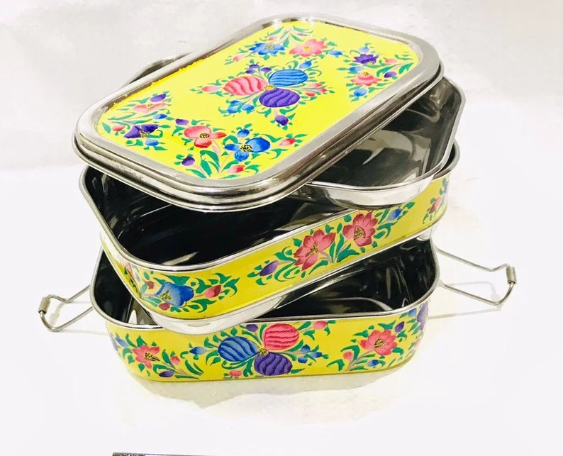 Hand-Painted Indian Enamelware Bento Lunch Box - Stainless Steel Tiffin Box