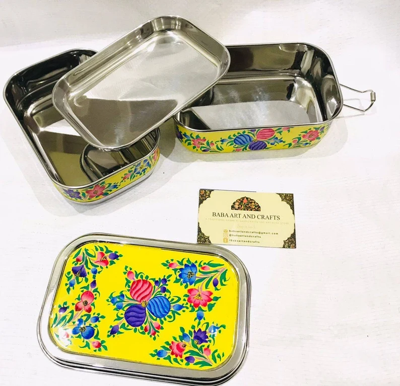 Hand-Painted Indian Enamelware Bento Lunch Box - Stainless Steel Tiffin Box