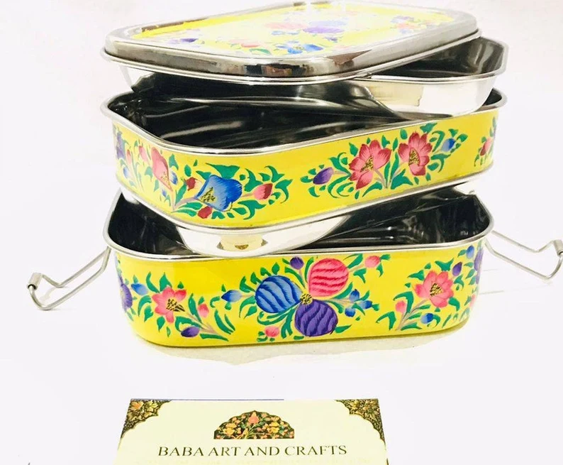 Hand-Painted Indian Enamelware Bento Lunch Box - Stainless Steel Tiffin Box
