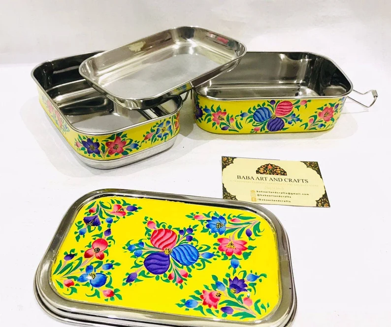 Hand-Painted Indian Enamelware Bento Lunch Box - Stainless Steel Tiffin Box