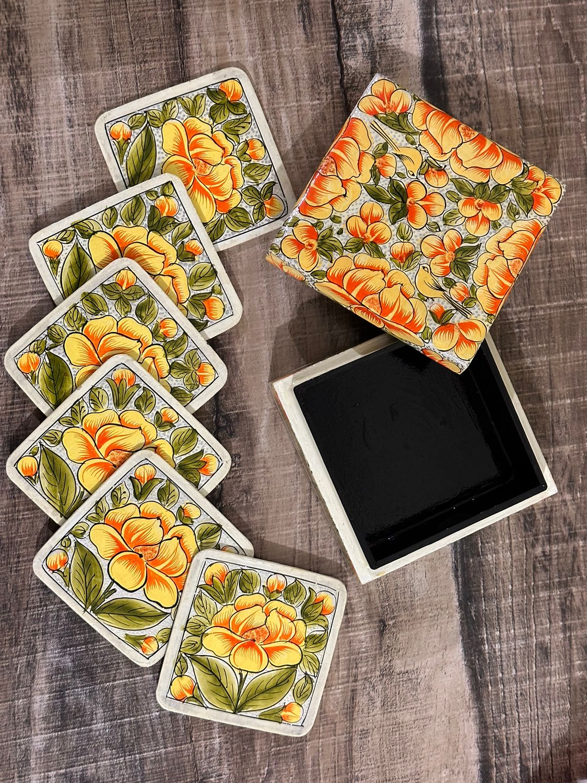 Hand Painted Kashmiri Paper Mache Decorative 6 Tea Coaster Set with ...