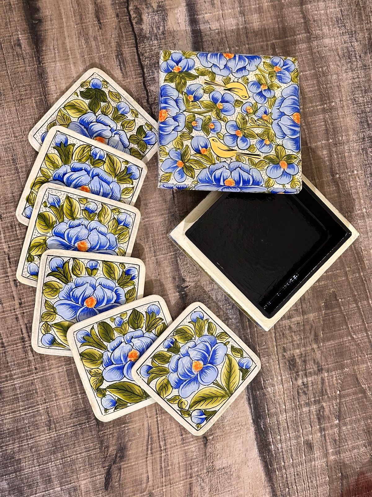 Hand Painted Kashmiri Paper Mache Decorative 6 Tea Coaster Set with ...
