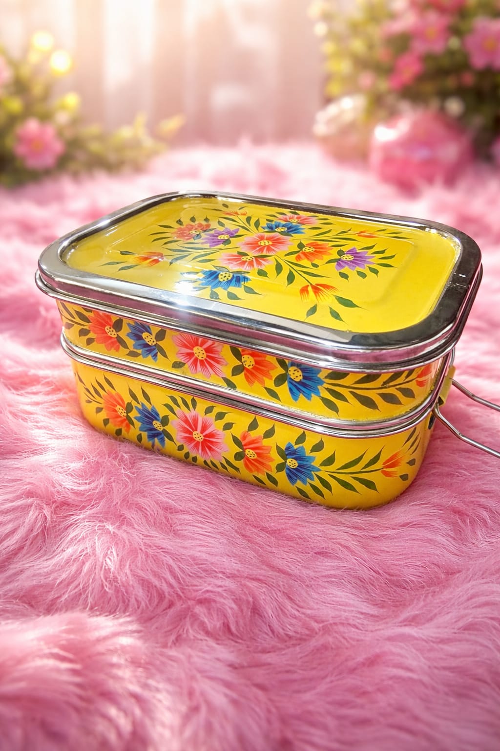 Hand-Painted Indian Lunch Box: Stainless Steel Enamelware Tiffin Box