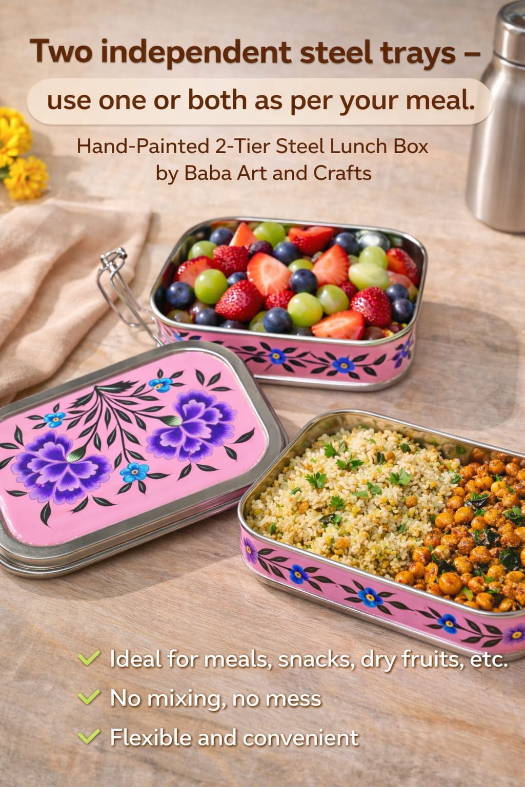 Hand-Painted Kashmiri Enamelware Bento Lunch Boxes - Baba Art & Crafts