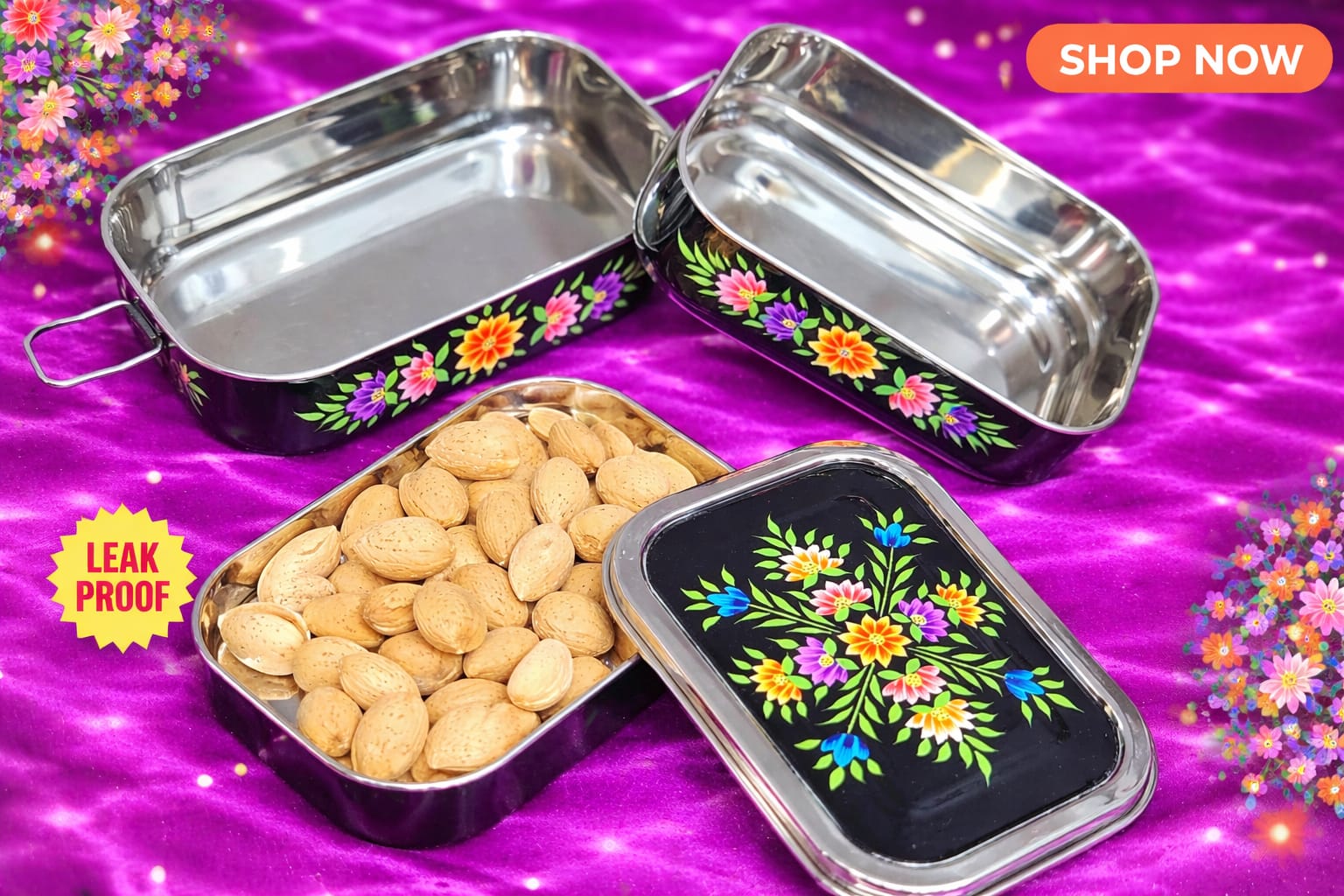 Hand-Painted Indian Enamelware Bento Lunch Box - Stainless Steel Tiffin Box