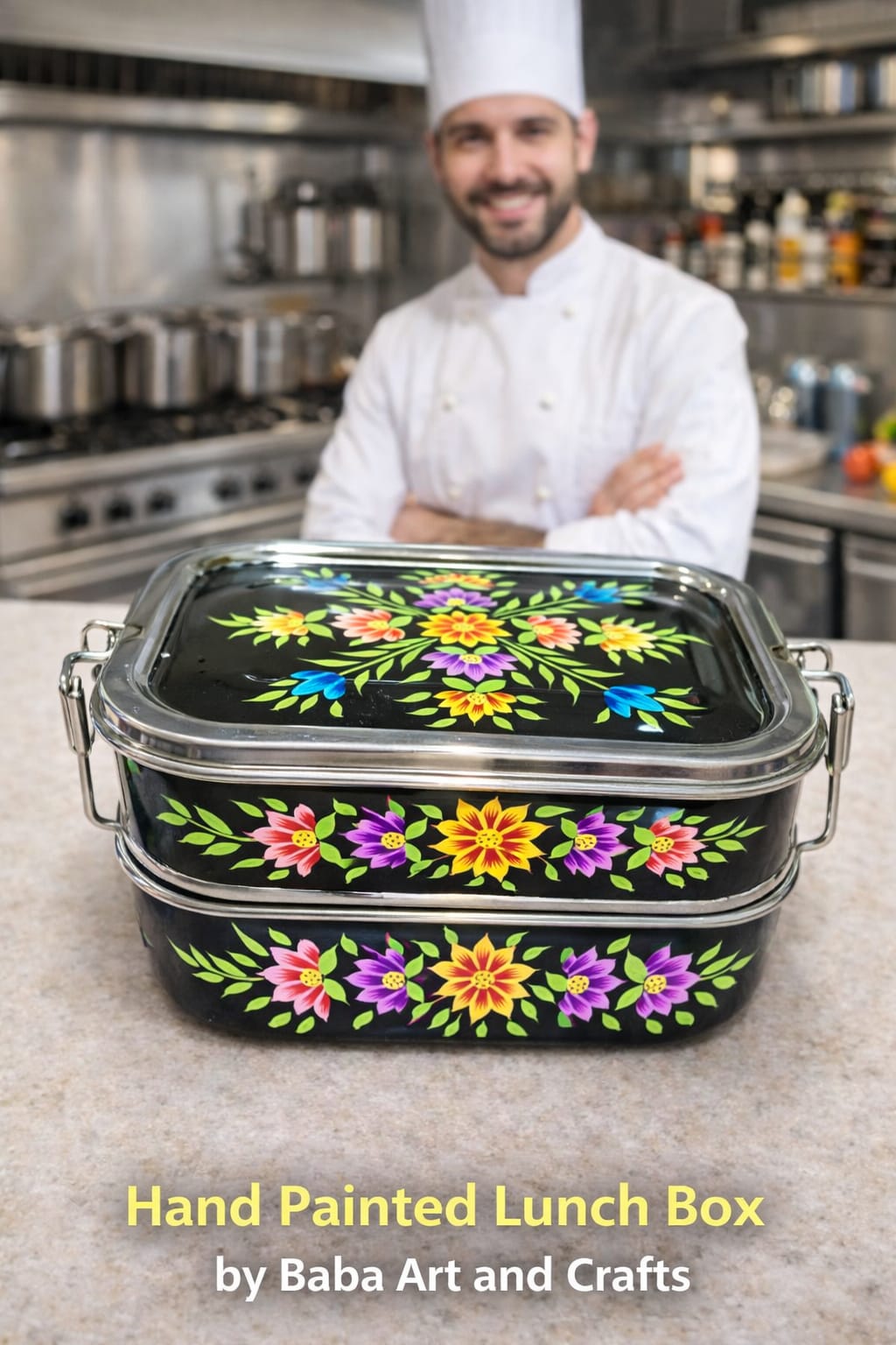 Hand-Painted Indian Enamelware Bento Lunch Box - Stainless Steel Tiffin Box